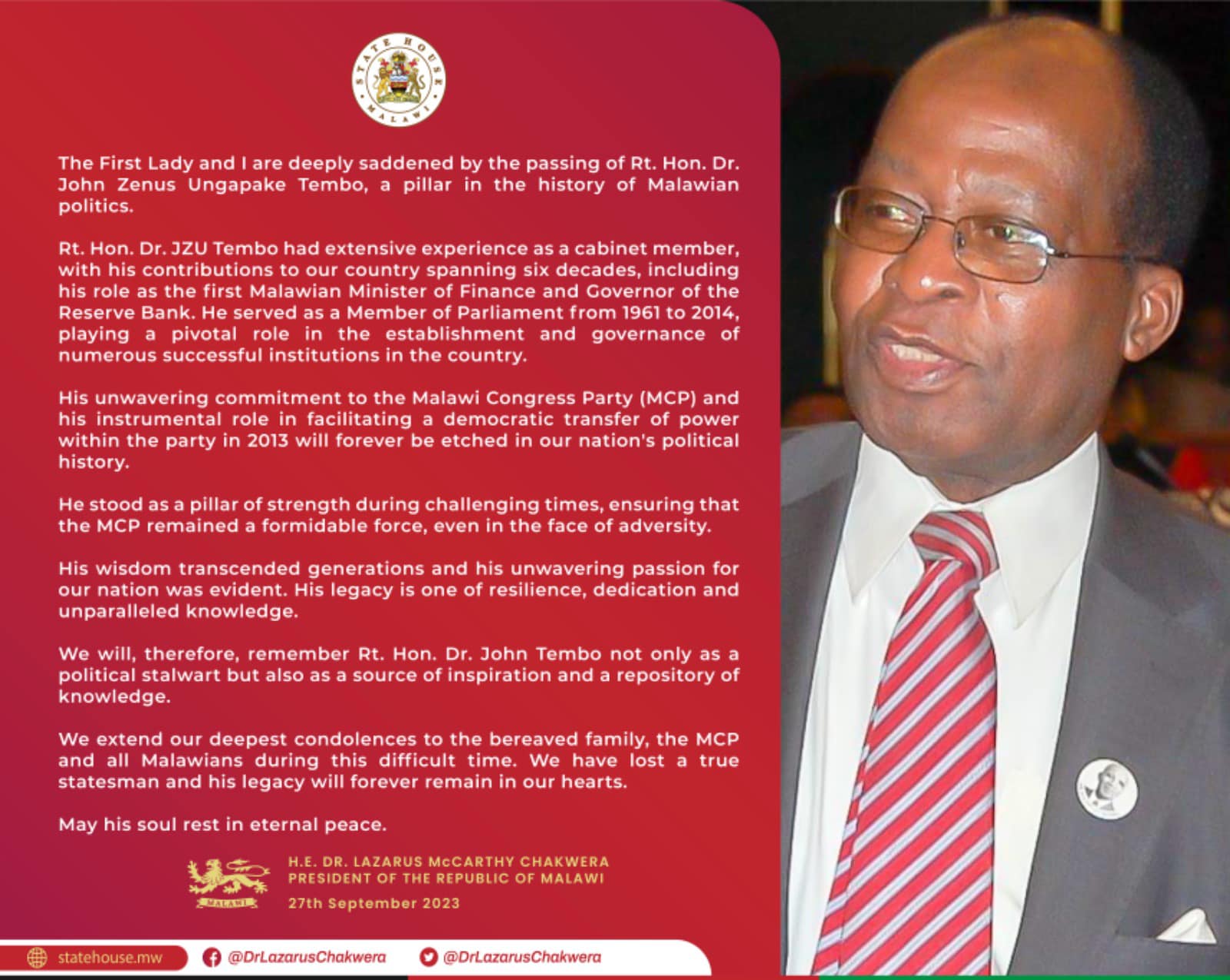 President Chakwera Honors Malawian Political Icon, JZU – Shire Times
